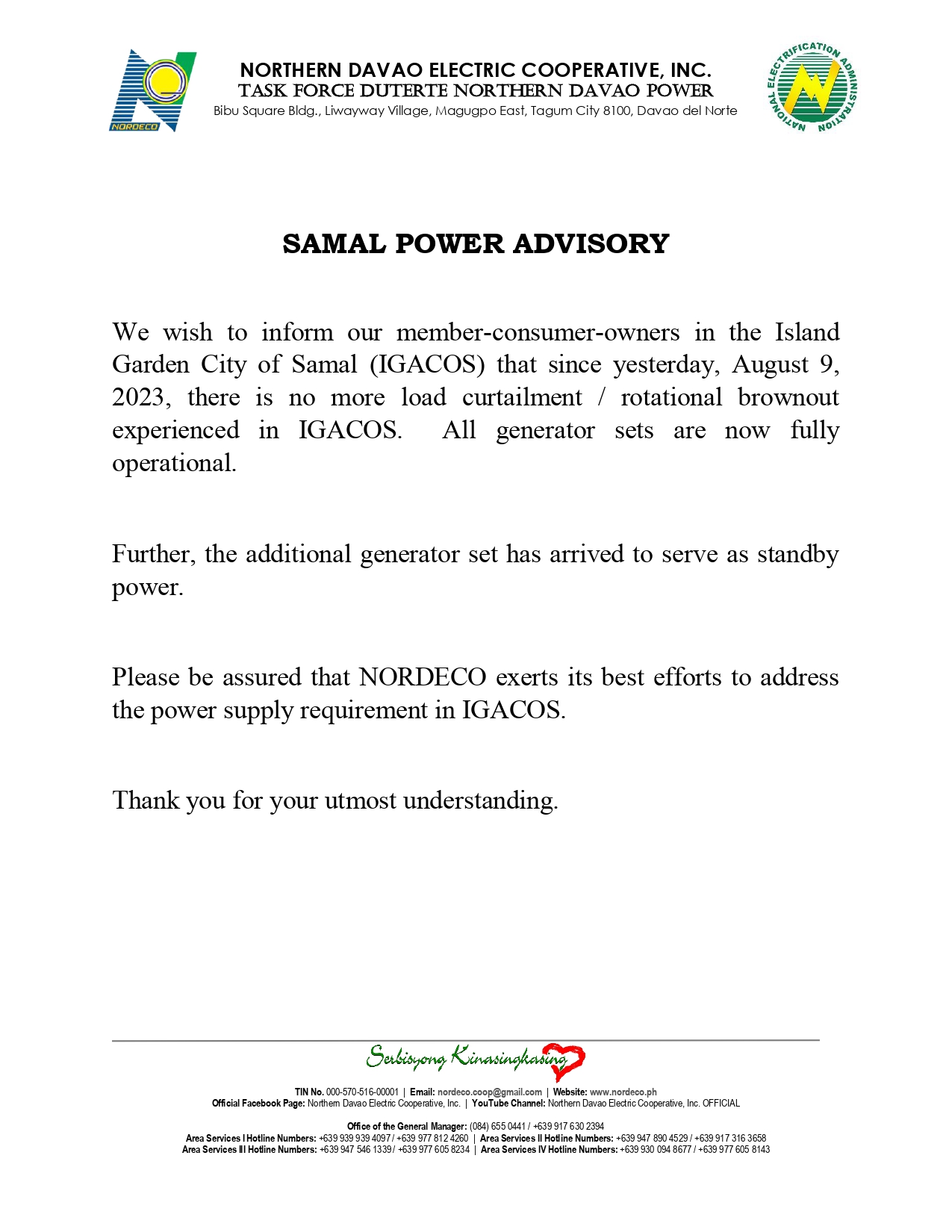 SAMAL POWER ADVISORY – NORDECO – NORTHERN DAVAO ELECTRIC COOPERATIVE, INC.